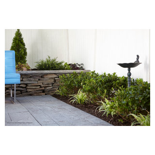 Small Retro Condo Garden- after (vintage mermaid bird bath ...