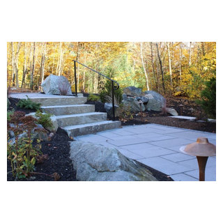 Stepped entry and custom wrought iron hand railing - Rustic - Landscape ...