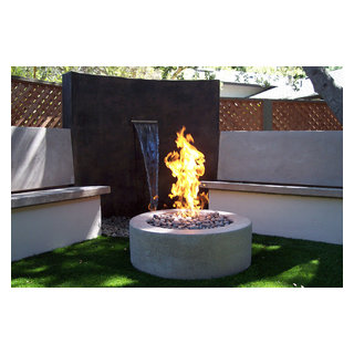 Waterfeatures, very modern water feature, seating area, and fireplace ...
