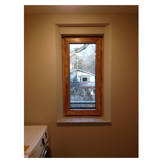 Laundry window with quartz sill and tapered drywall returns ...