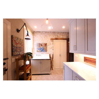 Pale Green Cabinets with Exposed Stone Wall and Timber Door Jamb ...