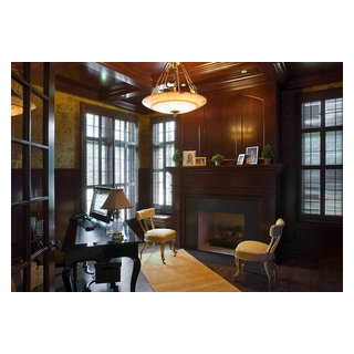 American Cherry Library with Coffered Ceiling and honed Black Absolute ...