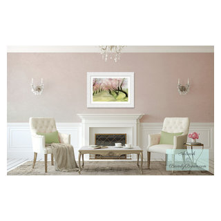 Blush Pink Living Room with Spring Cherry Blossoms Art - Shabby-chic ...