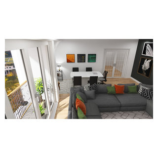 Overhead view of balcony, living and dining area - Contemporary ...