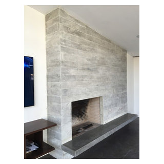 Concrete board form veneer tile fireplace/ floating concrete hearth ...