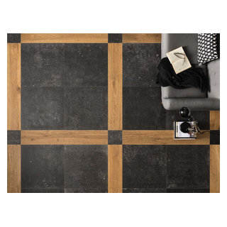 Contemporary living room with black stone look tile and wood look tile ...