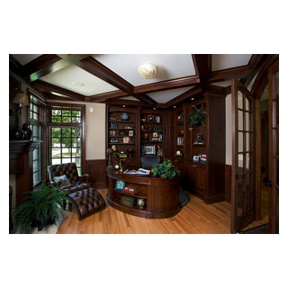 Dark Stained Cherry Library with Coffer Ceiling and Built In Bookcases ...