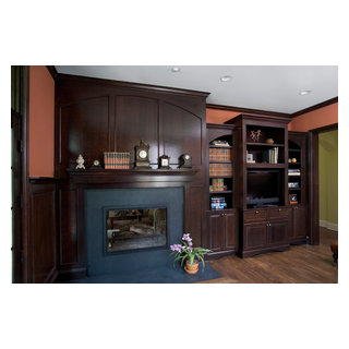 Dark Stained Cherry Library with Raised Hearth Black Absolute Honed ...