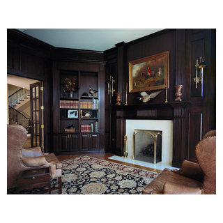 Dark Stained Millmade Cherry Library with Built In Cabinets and ...