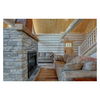 Double Sided Stacked Stone Fireplace with Barn Wood Mantels - Rustic ...