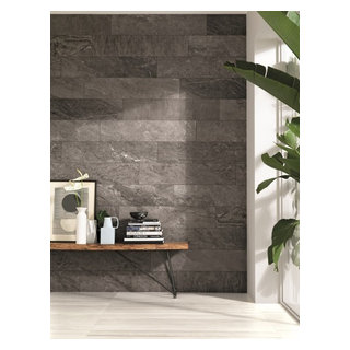 Grey Quartzite porcelain tile - Transitional - Living Room - Dallas ...