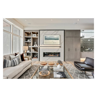 Living Room with Stone Slab Fireplace - Contemporary - Living Room ...