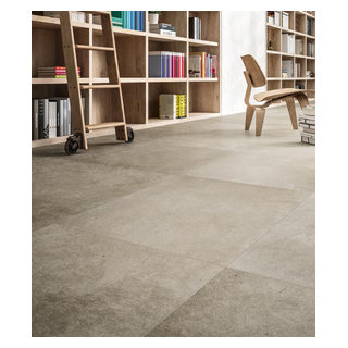 Modern living room library with large cement look porcelain tile ...