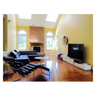 Modern living room with high ceilings and skylights - Midcentury ...