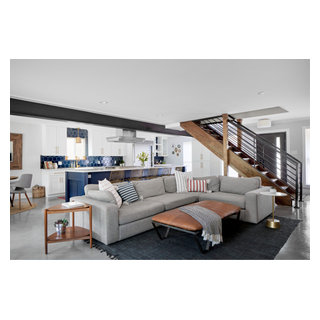 Navy Blue Hex Tile Backsplash in Open Kitchen - Transitional - Living ...