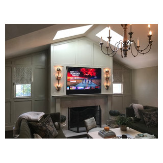 Recessed TV & Custom Soundbar over fireplace - Transitional - Living ...