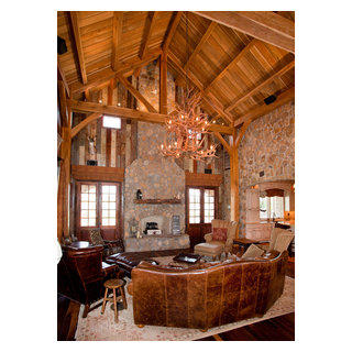 Rustic Timber Frame Home on TX Ranch - Traditional - Living Room ...