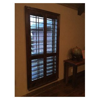 Stained Knotty Alder Custom Plantation Shutters - Rustic - Living Room ...