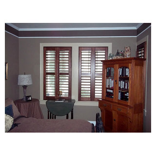Stained Shutters on White Casement Windows - Craftsman - Living Room ...