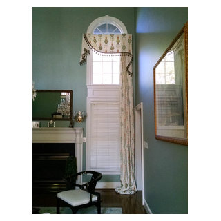 Two story windows, combined panels and treatments - Living Room ...