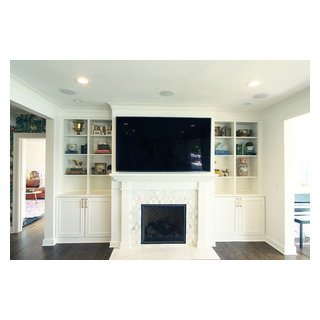 White Fireplace Built-Ins with Geometric Marble Tile - Transitional ...