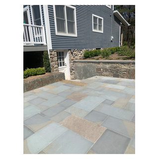Bluestone walkway with carney stone steps, retaining walls with ...