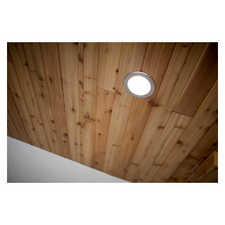 Closeup of Wood Patio Cover and Lighting - Transitional - Patio ...