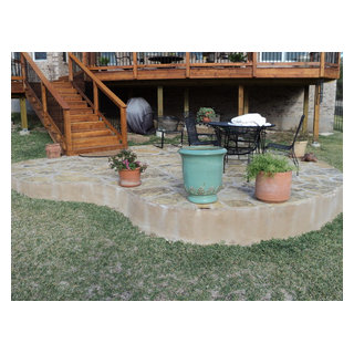 Garapa decking with Oklahoma stone patio and Cedar Pergola ...