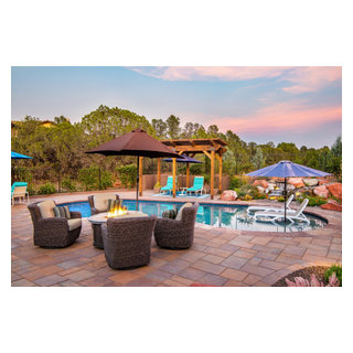 Pool, Fire Pit, Pergola, and Waterfall with Paver Patio - Southwestern ...
