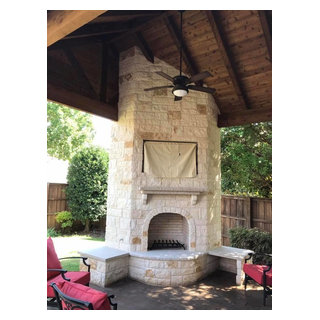 Rockwall - Patio cover with corner fireplace and stamped concrete ...