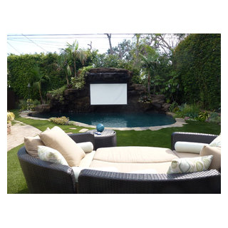 Before & After - Naturalistic Pool with waterfalls & movie screen in ...