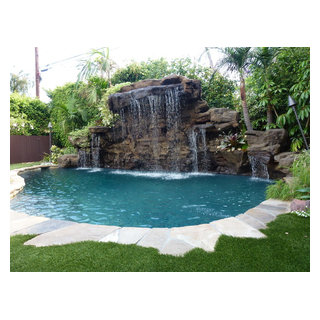 Before & After - Naturalistic Pool with waterfalls & movie screen in ...