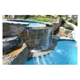 Custom Salt Water Pool with Raised Spa, Waterslide, and Outdoor Kitchen ...