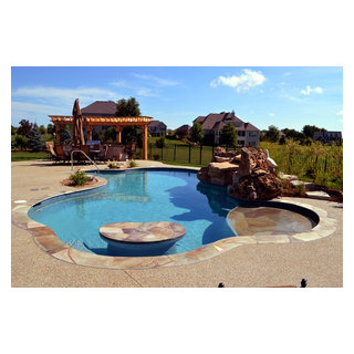 Free form pool with stone table, sun shelf, water feature, and outdoor ...