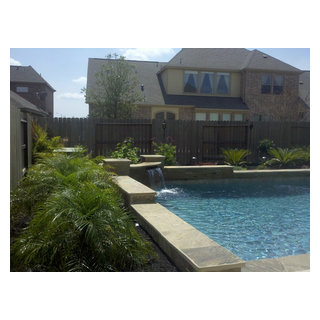 Geometric Pool with Stacked Stone Raised Beam wall with Scupper ...