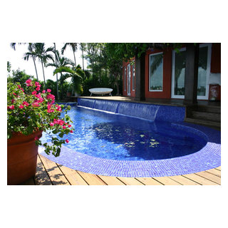 Glass tile pool with oversize waterfall - Contemporary - Pool - Miami ...