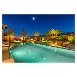 Lap Pool with Rim Flow Spa & Fire Pit - Tropical - Pool - Las Vegas ...