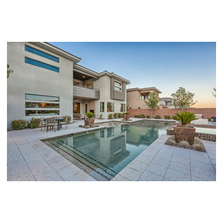 Lap Pool with Rim Flow Spa & Fire Pit - Tropical - Swimming Pool & Hot ...