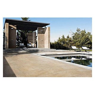 Modern pool with beige stone look porcelain tile - Modern - Pool ...
