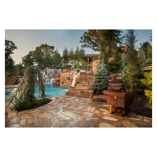 Mountain Mine-Themed Pool With Waterfalls, Slide and More - Rustic ...