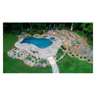 Pool, Spa and Outdoor Shower with Stamped Concrete Deck - Rustic - Pool ...