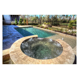 Rectangular pool with walkover water feature, fire pit, and landscape ...