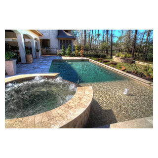 Rectangular pool with walkover water feature, fire pit, and landscape ...