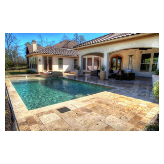 Rectangular pool with walkover water feature, fire pit, and landscape ...