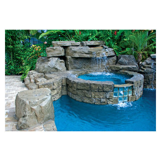 RicoRock Waterfall with Veneer Stone Around Spa - Rustic - Pool ...