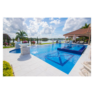 Roman Geometric Pool With Half Sunken Spa and Infinity Edge in Lake ...