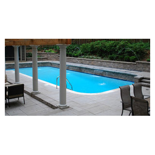 Stone Terraced Pool Deck, Patios, Fountains, Walls, Steps, Pergola ...