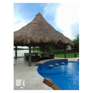 Tiki Hut with Bar Area for Custom Pool with Rock Waterfall and Wet Edge ...