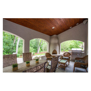 Lanai with "Kiva" Fireplace, Stucco Walls, Bead Board Ceiling and Built ...