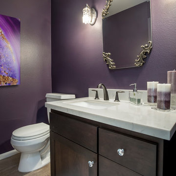 75 Powder Room with Purple Walls and Quartz Countertops Ideas You'll ...